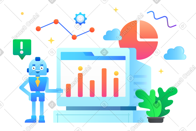 Robot showing presentation with graphics and charts PNG, SVG