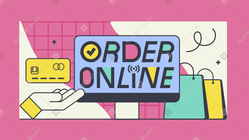 Lettering Order Online with computer and shopping bags Illustration in ...