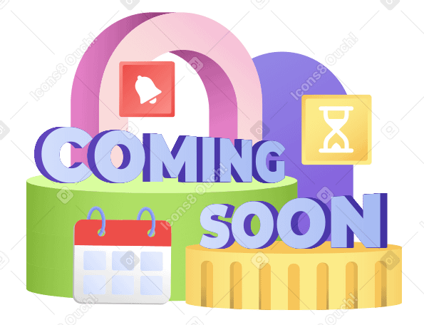 Lettering Coming Soon with hourglass and calendar signs text PNG, SVG