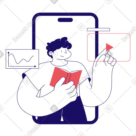 Young man studying something and watching a video animated illustration ...