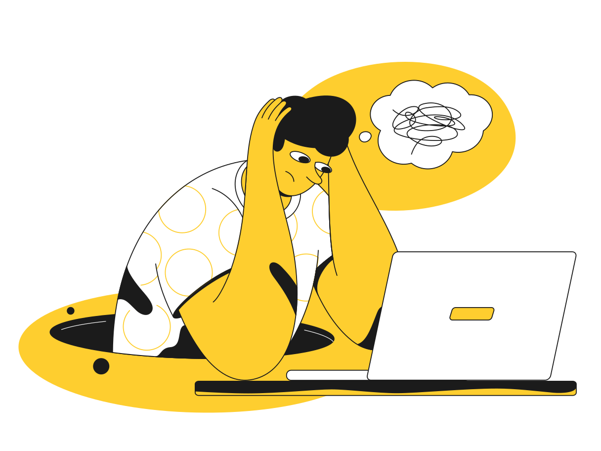 Upset man anxiously sitting at laptop Illustration in PNG, SVG