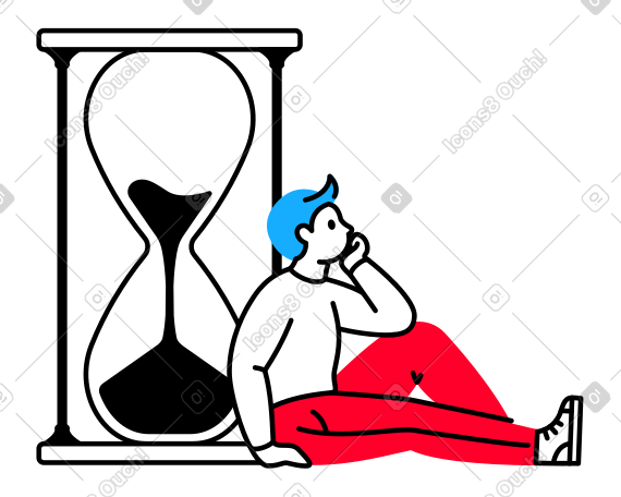 Man sitting and waiting next to hourglass PNG, SVG