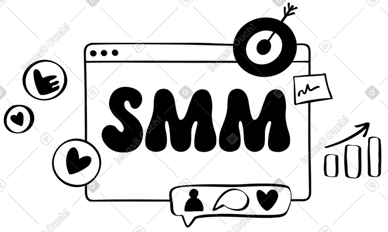 SMM lettering with target, graphs and social media icons PNG, SVG