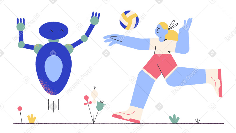 Robot and girl playing volleyball Illustration in PNG, SVG