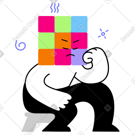 Sad Rubik's cube character sitting deep in thought PNG, SVG