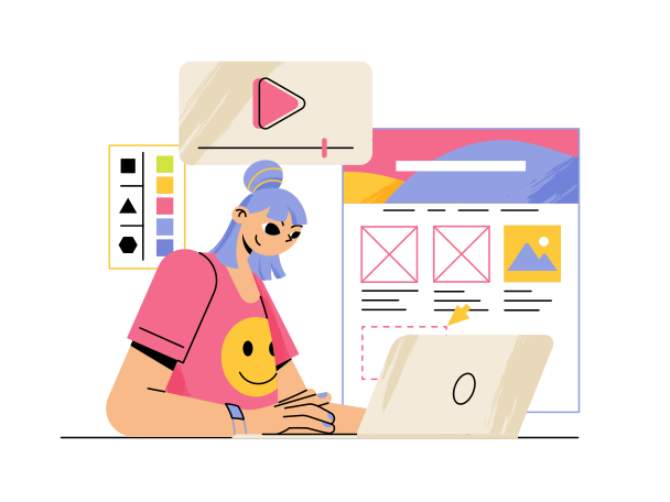 Web designer girl making landing page with video, color palette and ...
