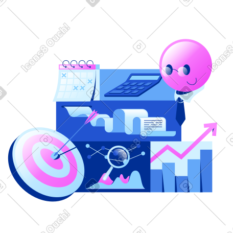 Analytics emoji in glasses with aim, charts and calendar PNG, SVG