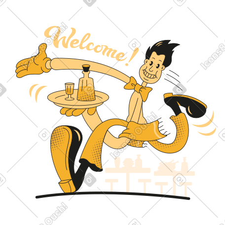 Waiter running with a tray and saying welcome PNG, SVG