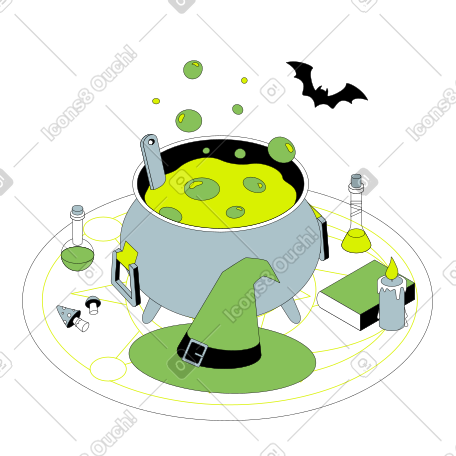Witch hat and bubbling cauldron with potion animated illustration in ...