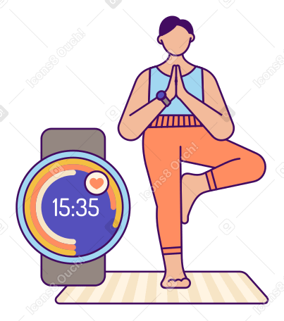 Woman with smartwatches standing on mat in tree pose animated ...