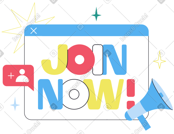 Join Now text with megaphone and stars lettering PNG, SVG
