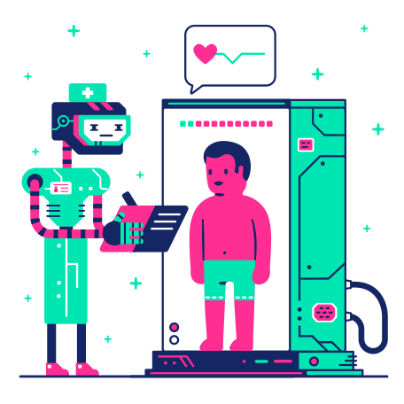 Robot doctor examines a man in a medical tube Illustration in PNG, SVG