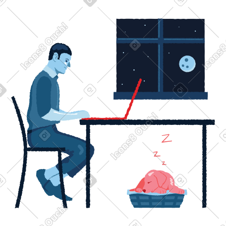 Man working remotely late at night PNG, SVG