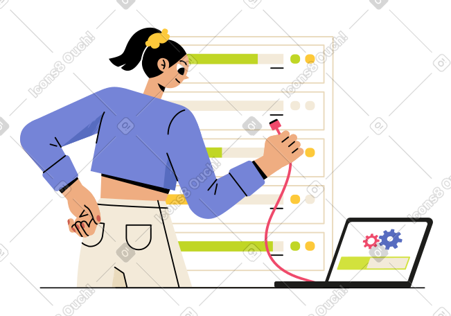 Woman connects a laptop to the server PNG, SVG
