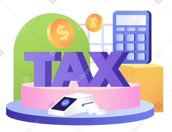 Lettering Tax with coins, calculator and terminal text PNG, SVG