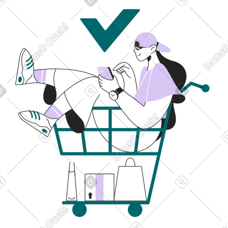 Woman in shopping cart placing order on smartphone animated ...