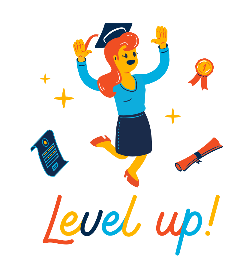 Level up lettering under the joyful girl in an academic hat ...