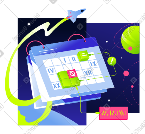 Rocket flying around a calendar with dates and cubes in space with ...